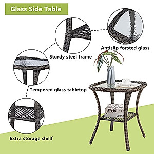 Patio Tables Wicker Side Table - Rattan End Table with Glass Top for Outdoor Outside Patio Porch Deck Square Mixed-Grey