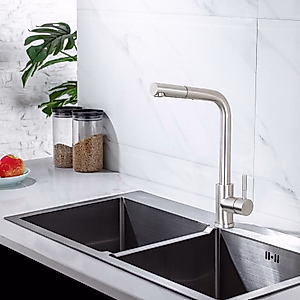 TRYWELL Kitchen Faucets with Pull Down Sprayer Stainless Steel Kitchen Sink Single Handle Utility Faucet Modern Brushed Nickel Faucet and Deck Plate for Kitchen Bar Camper RV