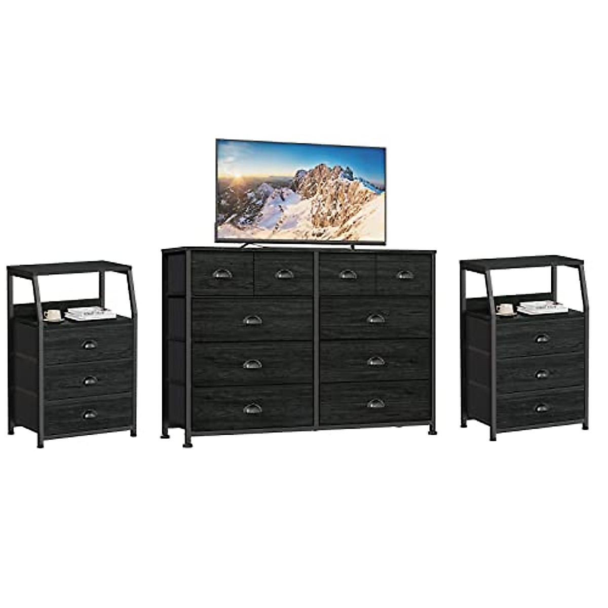 Furnulem 10 Drawer Dresser for Bedroom, Chest of Drawer for 55'' Long TV Stand, Small Nightstand with 3 Fabric Storage Drawers and 2-Tier Shelf