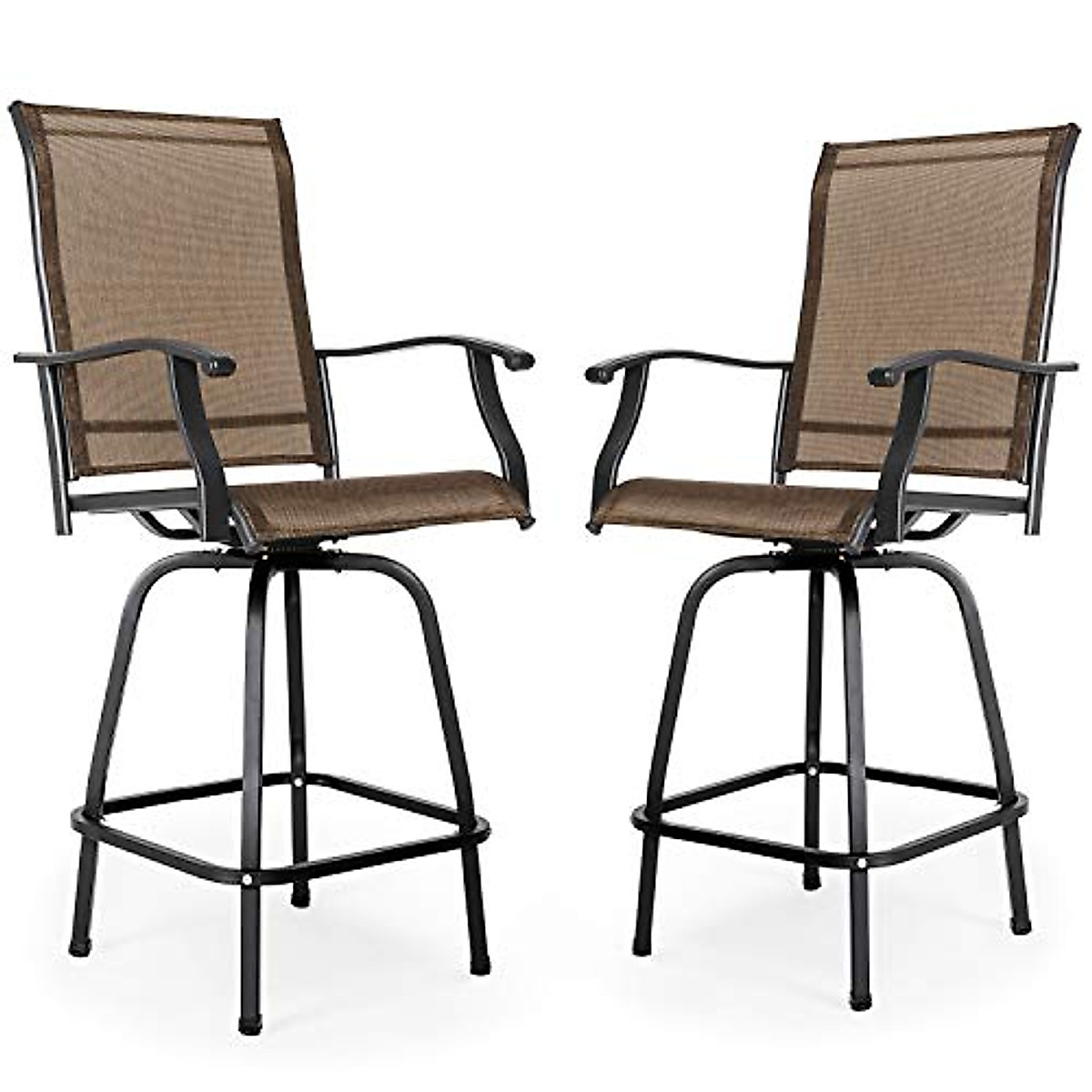 Nuu Garden Outdoor Swivel Bar Stools Set of 2, All-Weather Textilene Bar Height Patio Chairs with Armrests for Balcony and Sunroom, Black and Brown