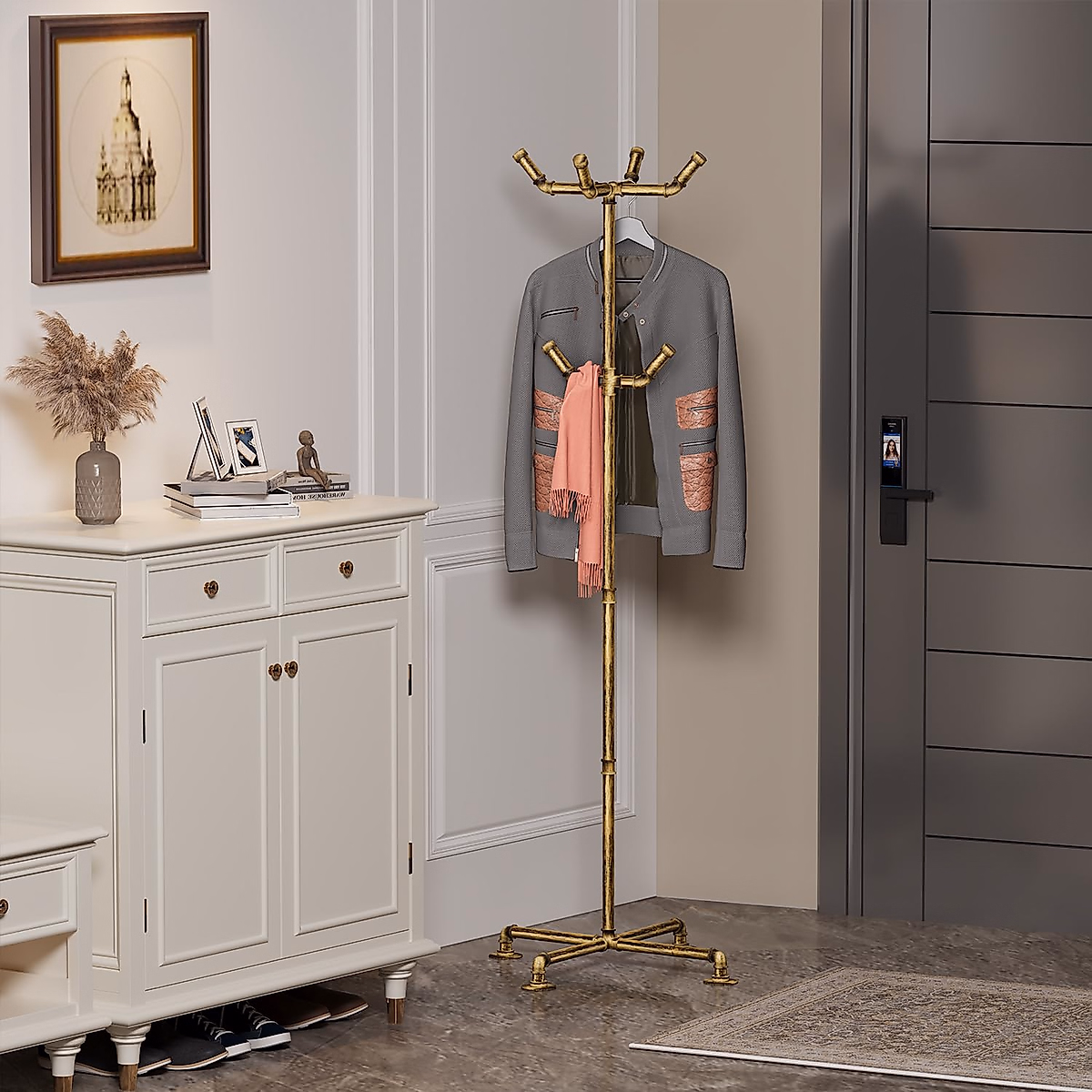 THRONKENGER Industrial Coat Rack, Metal Pipe Coat Rack Stand Freestanding with 6 Hooks, Heavy Duty Coat Tree Sturdy Coat Racks for Entryway, Hallway, Bedroom (Vintage gold)