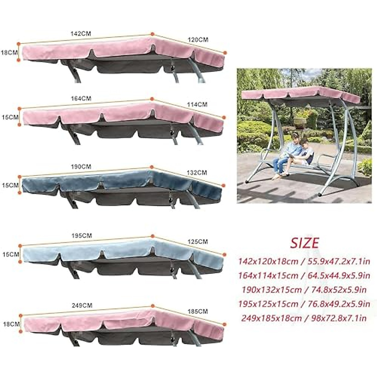 BTURYT 210D Patio Swing Canopy Cover 2 Or 3 Seater Sizes Waterproof Seat Chair Awning Sun Shade Roof Anti-Uv Garden Hammock Replacement Canopy (Swing Seat Canopy only)
