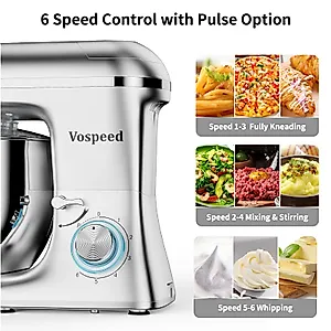 Vospeed 9 IN 1 Stand Mixer, 850W Tilt-Head Multifunctional Electric Mixer with 7.5 QT Stainless Steel Bowl, 1.5L Glass Jar, Meat Grinder, Hook, Whisk, Beater Dishwasher Safe - Silver