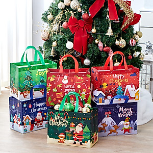 JOYIN Christmas 12 PCS Tote Bags Large Size 12.8"*9.8" Gift Bags for Xmas Party. Holiday Reusable Grocery Bags Bulk With Handles as Goodie Bags, Party Supplies Bags, Party Favor Shopping Bags.
