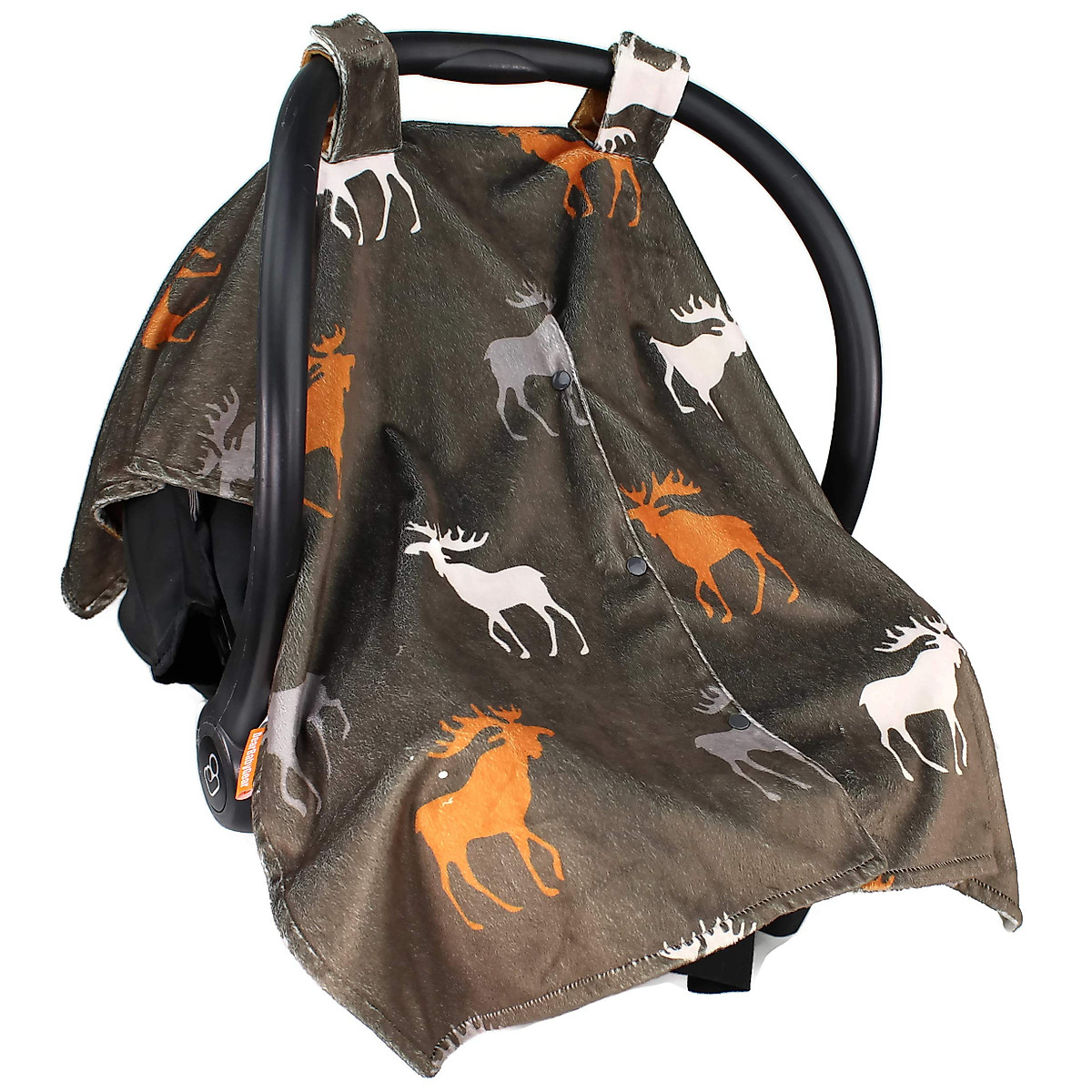 Dear Baby Gear Deluxe Reversible Car Seat Canopy, Custom Minky Print, Faux Quilt Rust Adventure and Moose on Brown