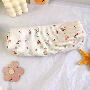 Jinshining Pink Strawberries Women Fresh Style Pencil Bag Flower Floral Canvas Large Pen Pencil Pouch Bag Pencil Case Pen Holder Coin Pouch, Simple Cosmetic Storage Bags Makeup Bag Marker Cases