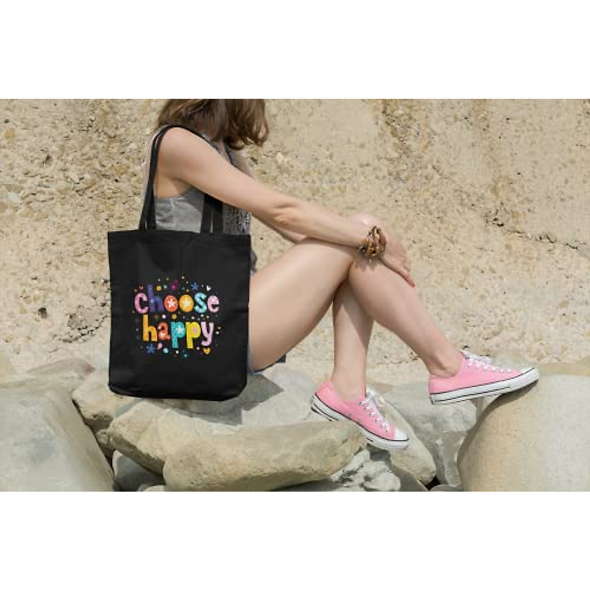 CurryFerry Cute Canvas Tote Bag for Women - Teacher Tote Bag - Inspirational Gifts for Teacher - Black Tote Bag - Reusable Shopping Bags for Grocery Utility Teacher College Work (Choose Happy)