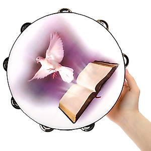 Elsjoy Set of 2 Tambourine, 10" and 8" Dove and Bible Church Tambourine with Double Row Jingle, Wooden Handbell Hand Clap Drum Percussion Instrument