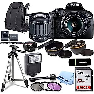 Canon Intl. Canon EOS 2000D / Rebel T7 DSLR Camera with EF-S 18-55mm Zoom Lens + SanDisk 32GB Memory Card + Tripod + Case + Wideangle Lenses + Inspire Digital Cloth (20pc Bundle), Black, (Renewed)