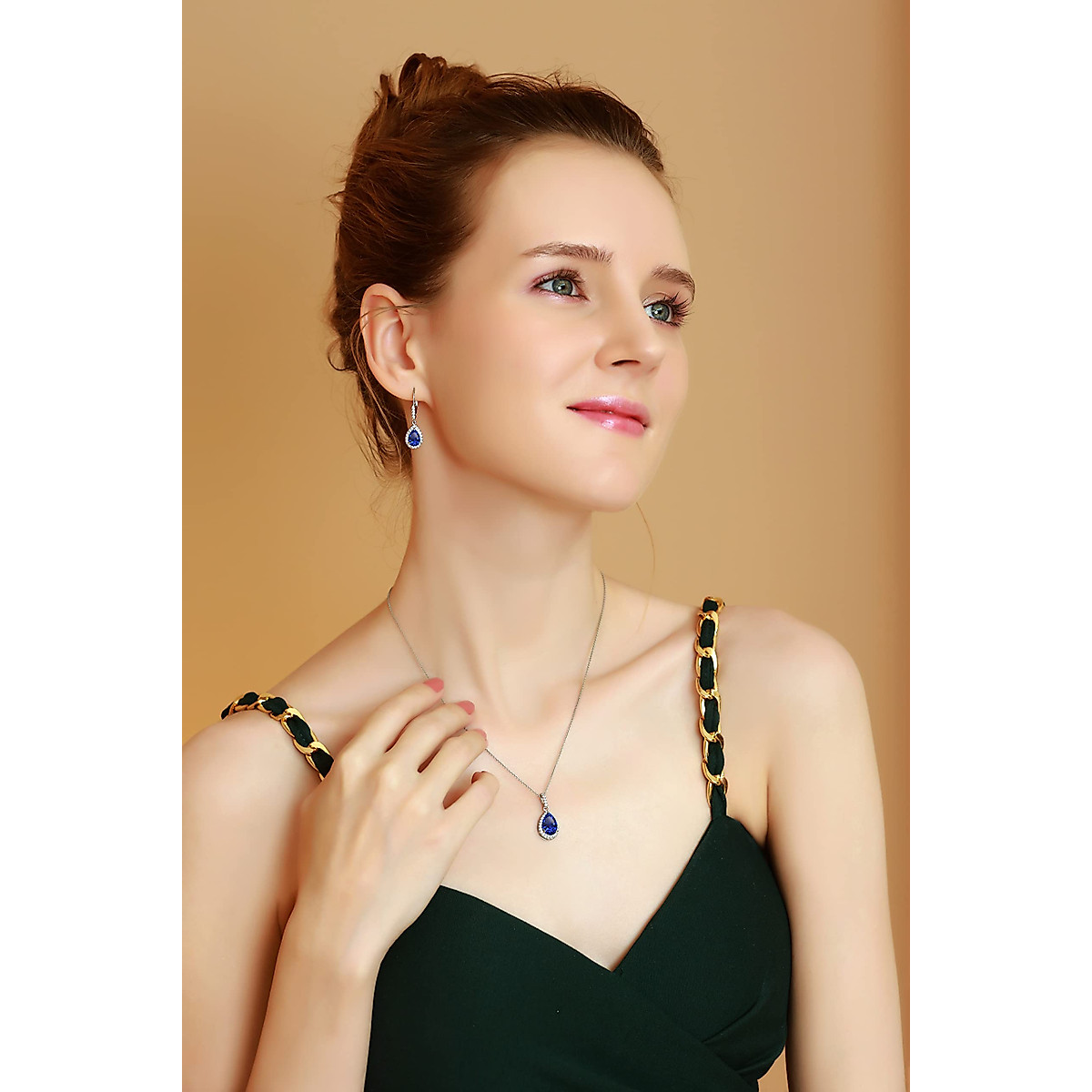 B. BRILLIANT Sterling Silver Created Blue Sapphire & White Topaz Teardrop Dangling Necklace & Leverback Drop Dangle Earrings Jewelry Set for Women with Gift Box