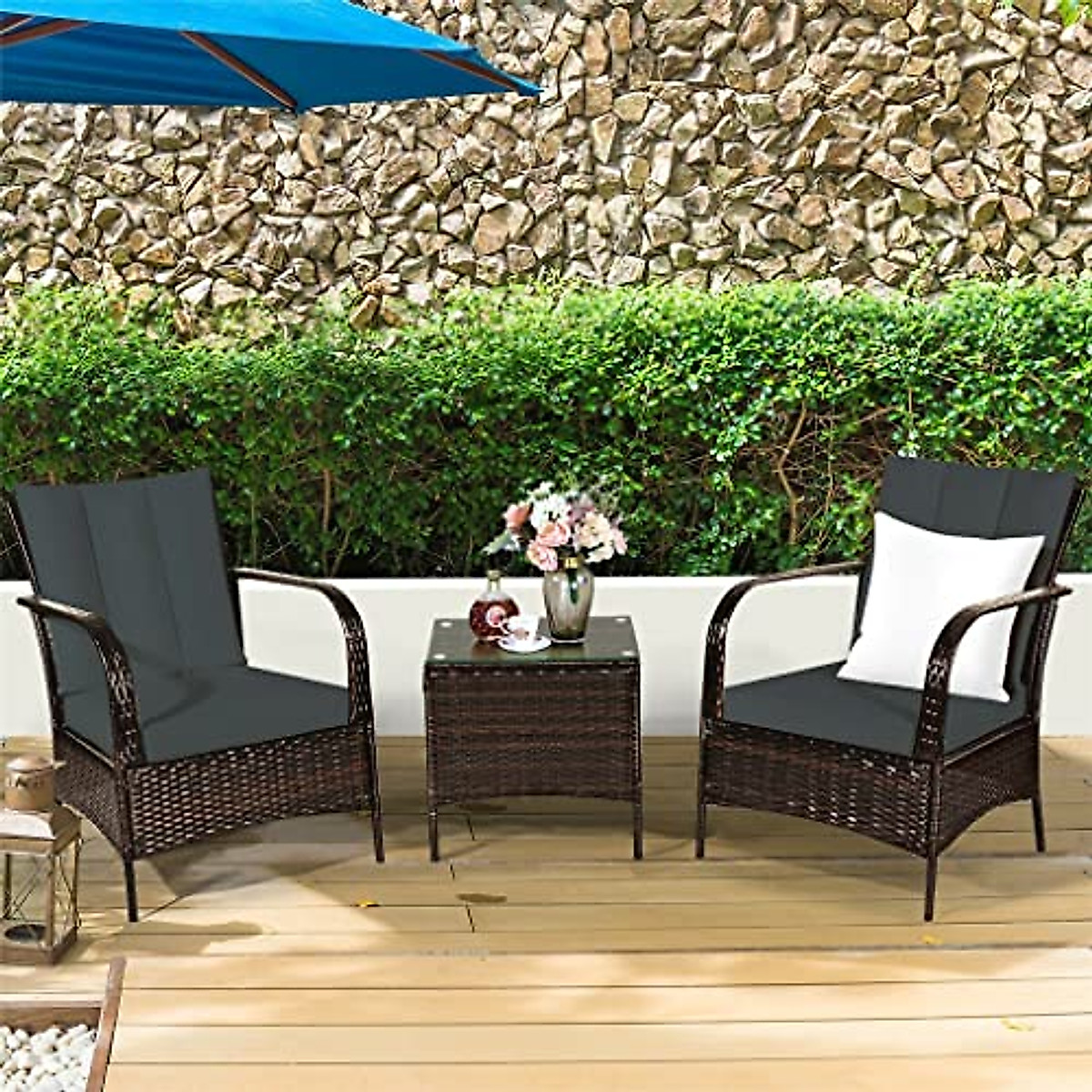 WYKDD 3 PCS Patio Rattan Furniture Set Coffee Table & 2 Rattan Chair with Cushions Comfortable and Breathable (Color : E)