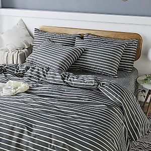 JELLYMONI 100% Natural Cotton 3pcs Striped Duvet Cover Sets, Dark Grey Duvet Cover with White Stripes Pattern Printed Comforter Cover, with Zipper Closure & Corner Ties(King Size)