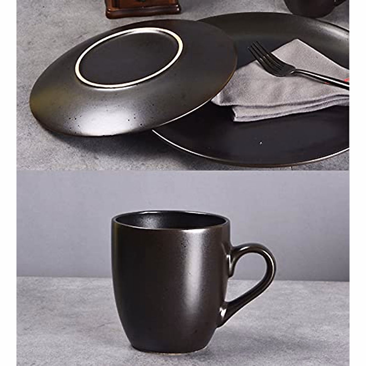 16 Piece Dinnerware Set Service for 4, Round Black Matte Dishes Sets, Includes 4 Dinner Plates 4 Salad Plates, 4 Bowls and 4 Mugs