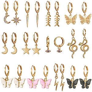 12 Pairs Gold Butterfly Earrings for Women Dangle - Butterfly Dangle Earrings for Women - Gold Hoop Earrings with Charm- Spike Hoop Earrings Set for Young Women - Cute Earrings for Women