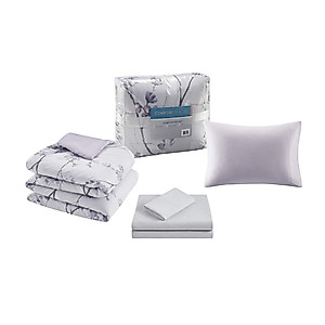 Comfort Spaces Bed in A Bag - Trendy Casual Design Cozy Comforter with Complete Sheet Set with Side Pocket, All Season Cover, Matching Shams Twin XL(66 in x 90 in), Kate, Grey/Purple 6 Piece