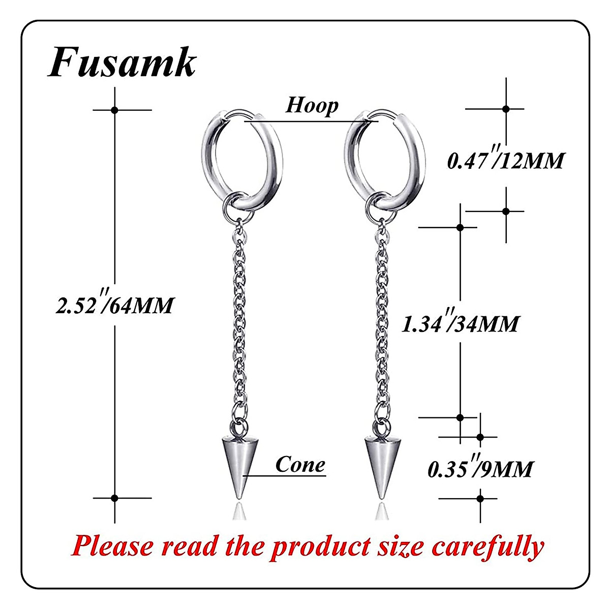 Fusamk Punk Rock Stainless Steel Cone Circle Hoop Earrings Long Chain Drop Dangle Earrings