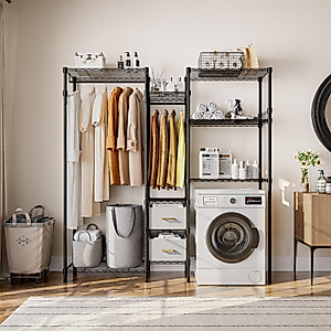 BELLEZE Over The Washer and Dryer Clothes Drying Rack, Laundry Room Organization Storage Rack with Adjustable Shelves, Hooks and Drawers, Space Saver Closet Rack for Living Room