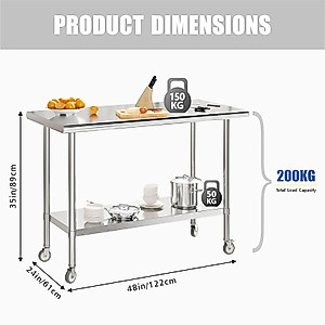 Food Prep Stainless Steel Table, Commercial Workbench with Caster Wheel, Heavy Duty Food Prep Worktable for Restaurant, Home and Hotel, Sliver (24" x 48" x 35")