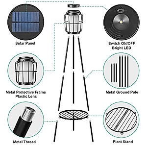 VISFLAIR Metal Solar Floor Lamps Outdoor with Plant Stand, 2 Pack Waterproof Solar Lantern Lights for Patio Deck Yard Garden Porch (Black)