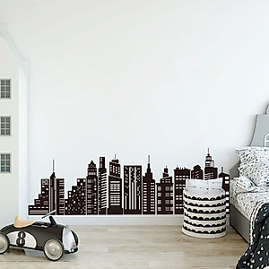 wondever Black City Skyline Wall Stickers City Building Silhouettes Peel and Stick Wall Art Decals for Bedroom Living Room