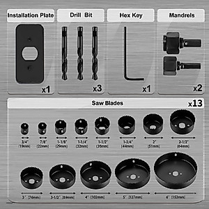 KATA Hole Saw Set 20PCS Hole Saw Kit with 3/4"-6"(19-152mm) 13PCS Saw Blades, 2 Mandrels, 3 Drill Bits, 1 Installation Plate, 1 Hex Key, Ideal for Soft Wood, Plywood, Drywall, PVC