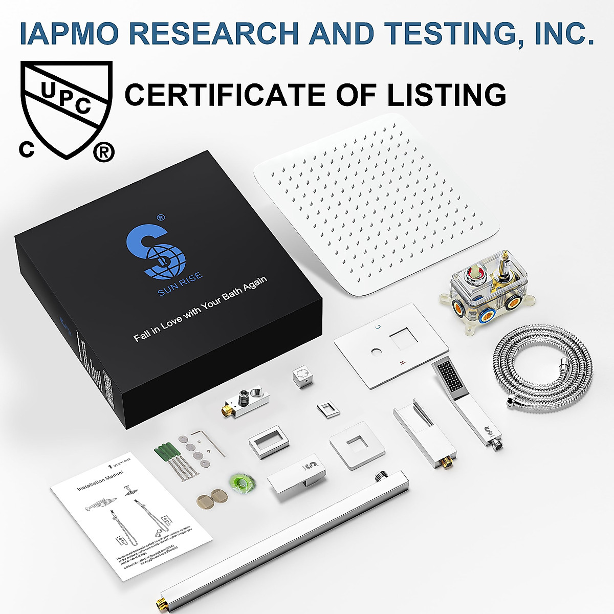 SR SUN RISE 12 Inches All Metal Square Shower System with Tub Spout, Tub Shower Faucet Set, High Pressure Rain Shower Head and Handheld Sprayer Combo Shower Fixtues, Valve Included, Polished Chrome