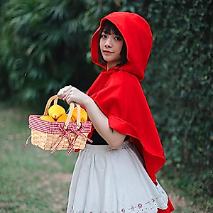 Red Cape, Red Hooded Cape with Small Basket Lined with Gingham Lining, Full Long Velvet Cape with Picnic Basket for Halloween Costume Women