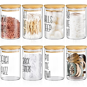 Tessco 8 Pcs Bathroom Jars with Lids Set 10Oz Apothecary Jars Glass Bathroom Jars with Bamboo Lid Cotton Ball Holder Funny Bathroom Canisters Bathroom Storage Decor for Floss Pick Makeup Organizer