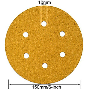 Aiyard 6-Inch 6-Hole Hook and Loop Sanding Discs, 60/80/100/120/150/220/320/400/600/800 Assorted Grits Sandpaper for Random Orbital Sander, 100-Pack