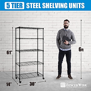 Fencer Wire 4/5-Tier Adjustable Height Wire Shelving Unit, Garage Shelving Storage Organizer, Wire Rack Shelving, Metal Steel Storage Shelf, Utility Storage Shelf with Leveling Feet and Wheels, Black