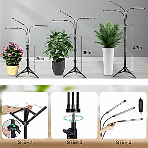 Juhefa Grow Light with Stand, 5500K Full Spectrum Tri-Head 60W Floor Plant Lights with White & Red Bulbs for Indoor Plants,5 Levels Dimmable,Timing 4/8/12H,Tripod Adjustable 15-47Inch