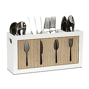 Wooden Kitchen Utensil Holder for Countertop, Rustic Utensil Organizer Cutlery Holder Flatware Silverware Organizer, Cooking Utensil Caddy Organizer with 4 Compartments for Spoons, Forks, Knives