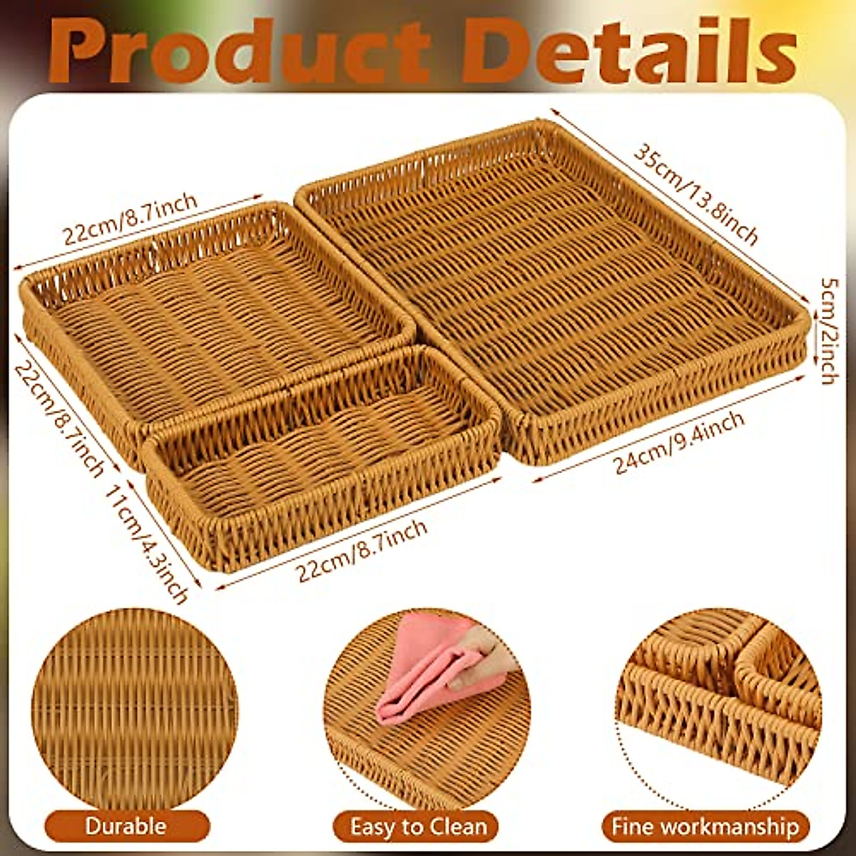 3 Pcs Rattan Serving Tray Rectangular Wicker Basket Woven Rattan Basket Tray Handmade Weaving Storage Basket Organizing Bathroom Platter for Coffee Bread Fruit Drinks Snack Table Countertop, 3 Sizes