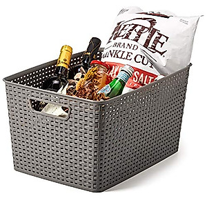 EZOWare 3 Pack X-Large Gray Woven Plastic Storage Baskets, Organizer Knit Basket Bin Boxes with Handle - 16.5x11.4x8.7 inch