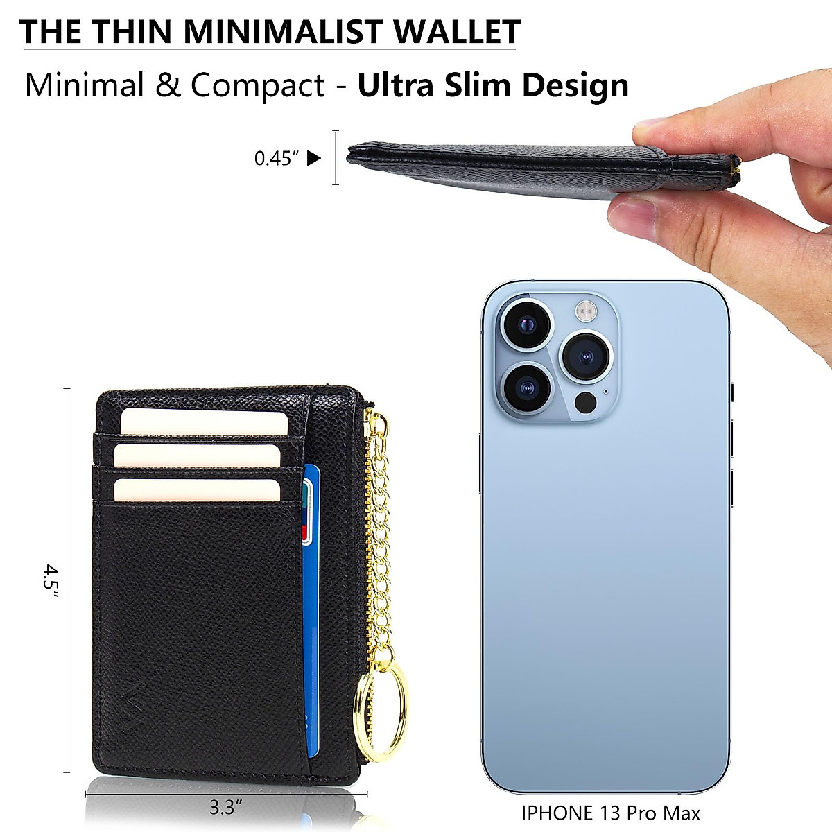 Small Card Wallet for Women Slim Rfid Front Pocket Card Cases Holder Zipper Coin Purse (A-Lichee Leather-Yellow)