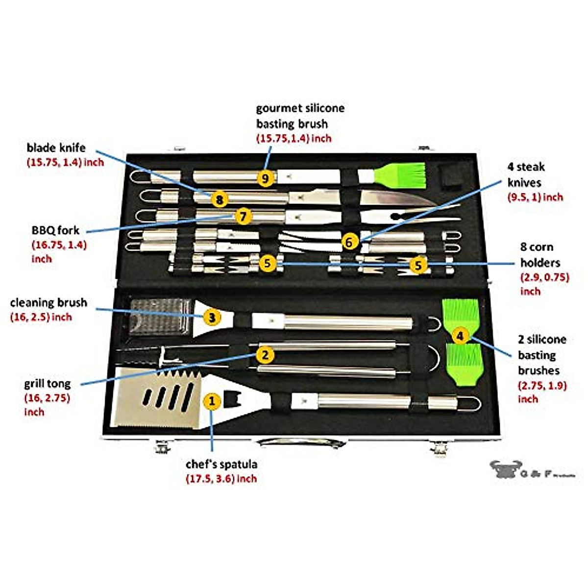 G & F 20-Piece Stainless-Steel BBQ Tool Kit, Strong, Sturdy, Heavy Duty Grilling Tool Kit in Portable Aluminium Carrying Case, Dishwasher Safe
