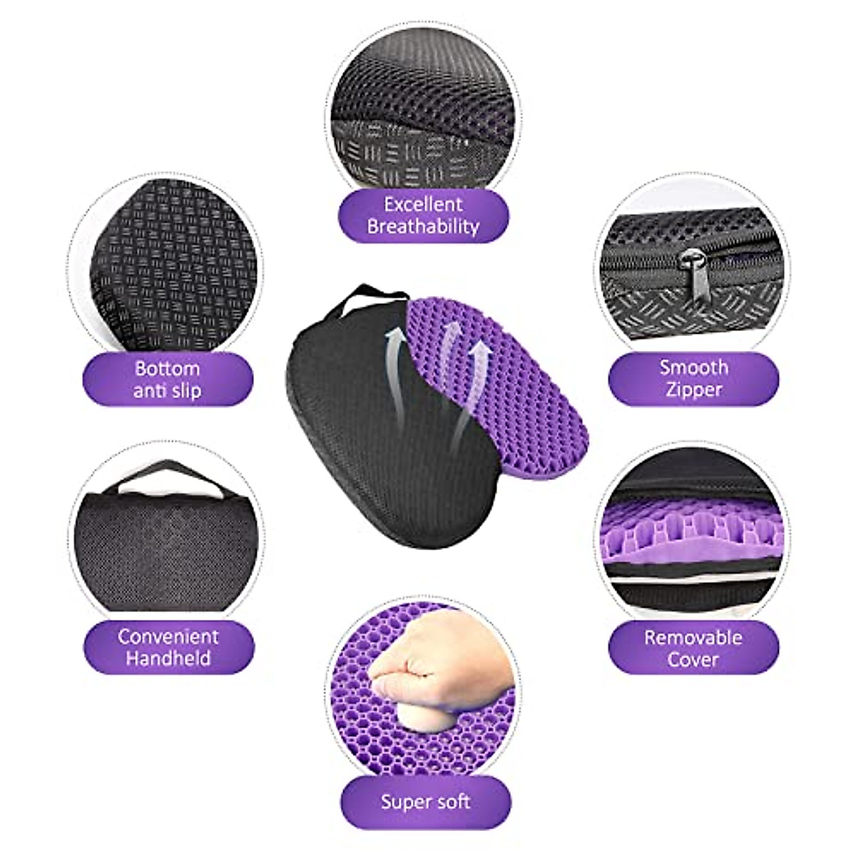 Vedozo Gel Seat Cushion for Office Chairs, Car Seat Cushion for Long Sitting, Wheelchair Pads for Tailbone Pressure Relief Butt & Back Pain, Purple/Black, (ZD020)