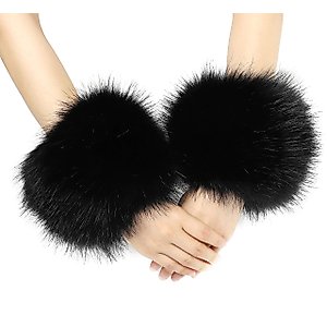 LA CARRIE Women's Snakeskin Print Faux Fur Wrist Cuffs,Winter Fox Furry Bands Arm Warmer (Black)