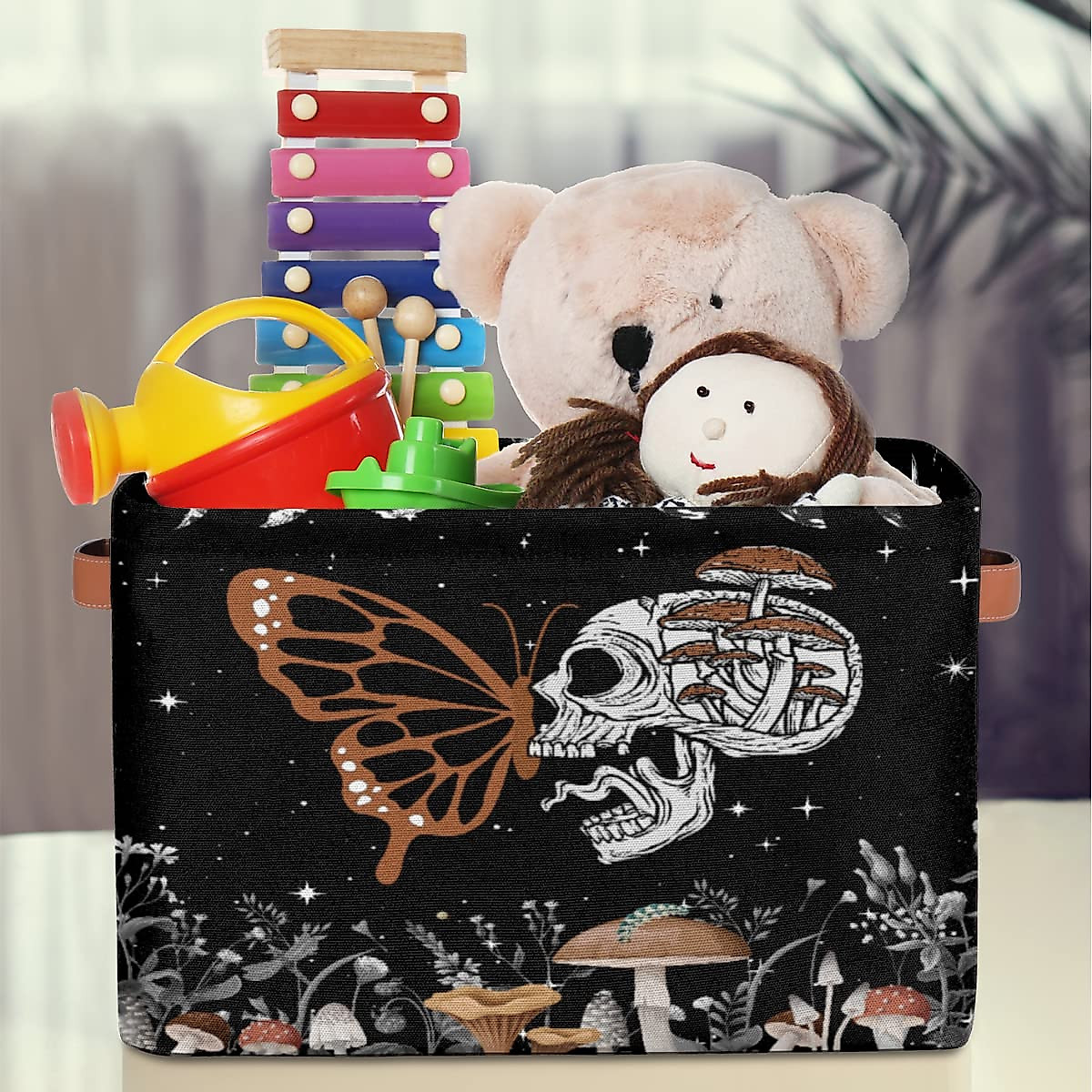 OMFUNS Skull Butterfly Storage Basket, Mushroom Star Foldable Storage Bin with Handle Fabric Rectangular Storage Box Organizer for Closet Shelf Home Office Nursery Toy Basket, 1 Pack