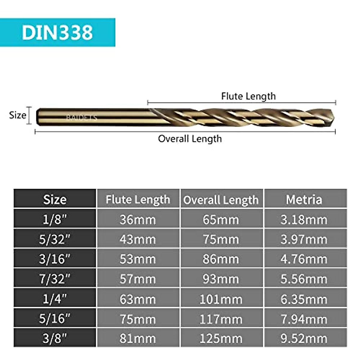 1/8 Inch Cobalt Drill Bits - Set of 10 Pcs, BAIDETS M35 High Speed Steel Jobber Drill Bits, Twist Drill Bits Set for Hard Metal, Stainless Steel, Cast Iron, Plastic and Wood