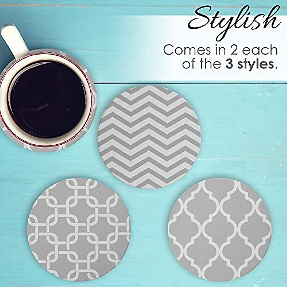 Grey Coasters for Drinks Absorbent - Gray Drink Coasters for Wooden Table - Farmhouse Coasters with Holder - Water Absorbant Rustic Cup Coaster - Tabletop Protection - Ceramic Stone Coasters Set of 6