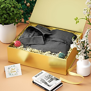 PSHVYM Gift Boxes with Lids, 11.5x7.8x3 In Gold Gift Box for Presents Magnetic Closure for T-Shirts, Gloves, Scarves, Books, Baby Clothes, Robes Clothing Gift Wrap, Contains Card, Ribbon
