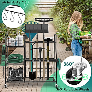 Rengue Garden Tool Organizer, 3 Tier Utility Yard Tool Organizer with Wheels, Large Garden Tool Storage Rack with Extra Storage Basket for Shed/Garage/Garden/Yard/Lawn