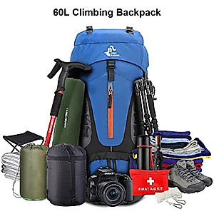 King'sGuard 60L Hiking Backpack Men Women Camping Backpack Waterproof Backpacking Mountaineering Climbing Daypack with Rain Cover (Blue)