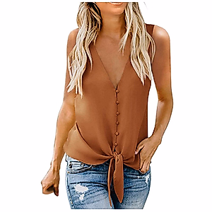Padaleks Women's V Neck Button Down Front Tie Tank Tops Shirt Loose Casual Sleeveless Shirts Office Work Blouse