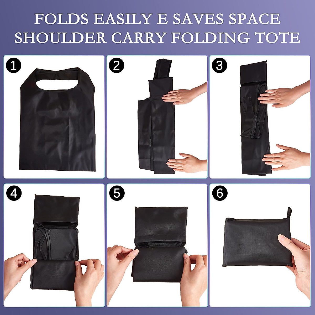 BEEFLYING 3pcs Foldable Eco-Friendly Nylon Grocery Bags Reusable Waterproof Shopping Tote Bags Black with Pouch and Bag Handle (52.5x60x0.15cm)