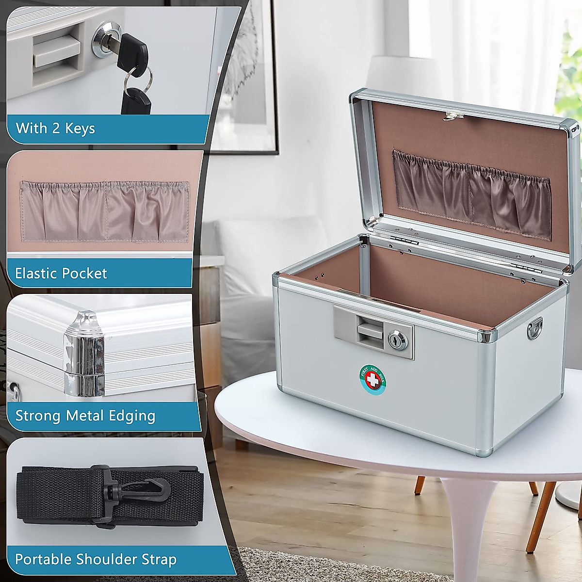 KYODOLED Locking Key Medicine Box,First Aid Key Safe Box with Lock,Key Medication Storage Lock Box for Drugs Use, 12.2'' x 7.8'' x 8.2'' White