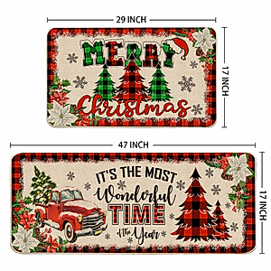 cusugbaso Christmas Kitchen Mats, Merry Christmas Kitchen Rugs Set of 2 - Red Buffalo Plaid Christmas Kitchen Decor - Truck Christmas Decorations for Bathroom,Floor,Indoor,Home 17"x27+17"x47"