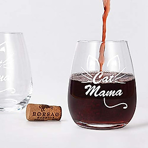 Cat Mama Stemless Wine Glass for Women Cat Mama Friend Cat Mom Cat Lovers Cat Lady Wife Cat Owner Birthday Christmas, Funny Cat Themed Wine Gifts Idea, 15Oz