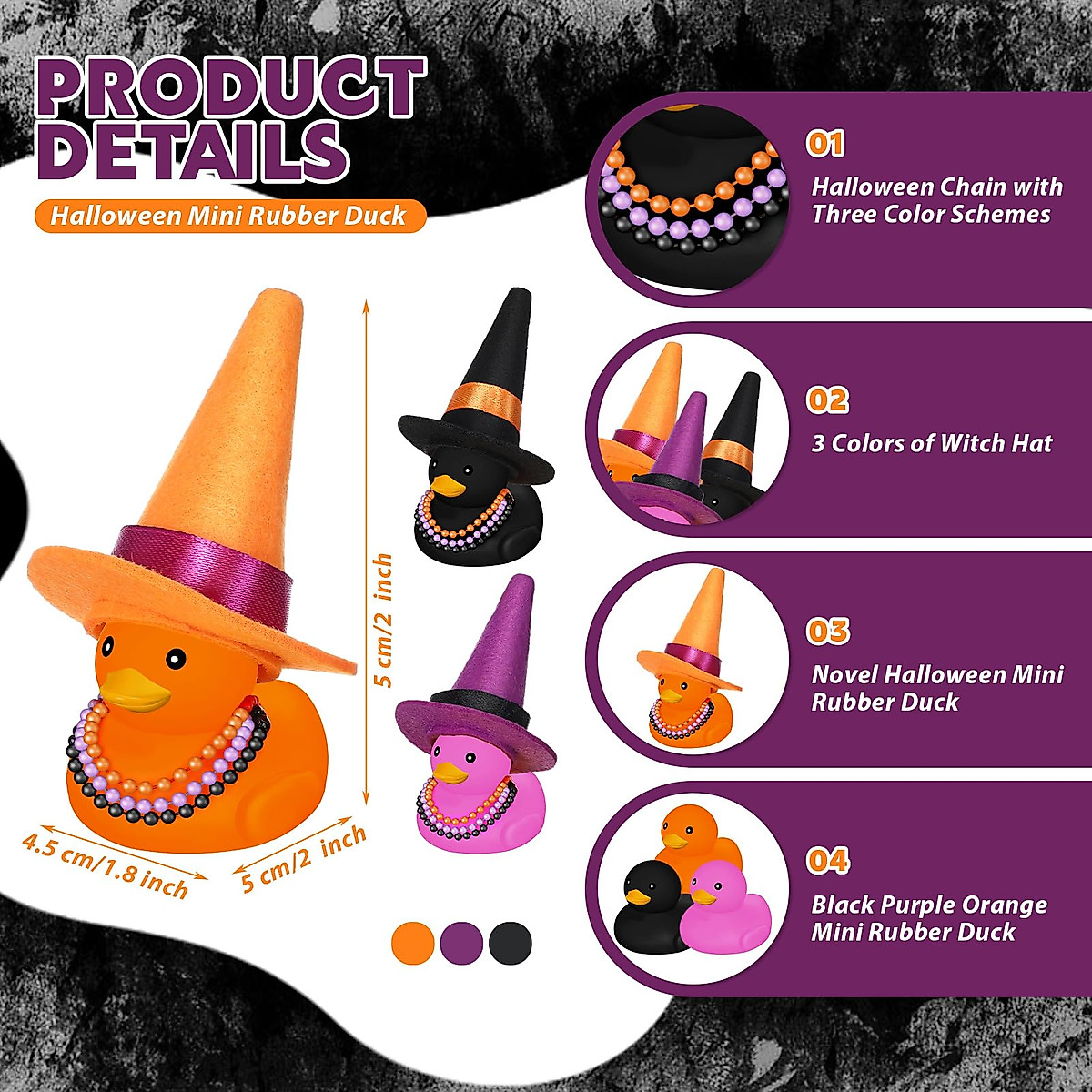 Wettarn 24 Pcs Halloween Rubber Ducks Mini Duck Bath Small Duck with Mini Felt Witch Hats and Metal Ball Beads Chain for Boys Girls Party Favors DIY Craft Goodie Bag Fillers(Colorful Duck)